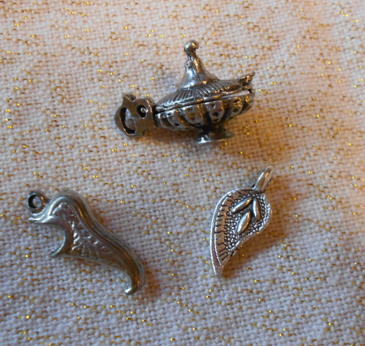 Silver Genie Lamp, Curled Toe Slipper And Paisley Charms on Luulla